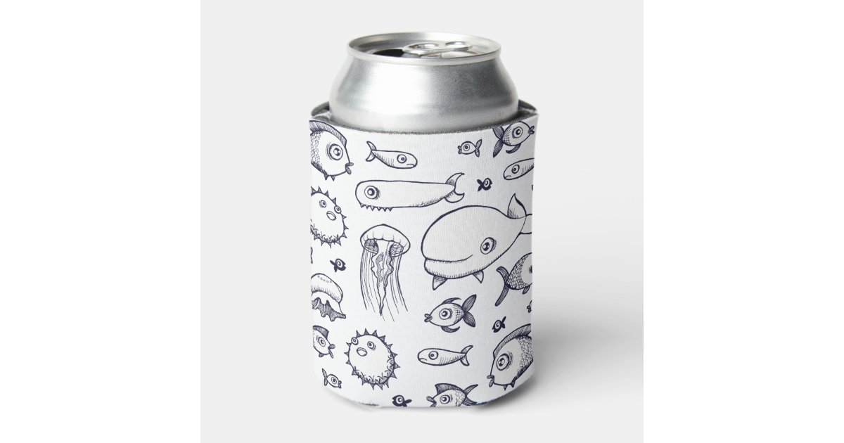 White and Navy Fish Drawing Stubby Holder Can Cooler | Zazzle