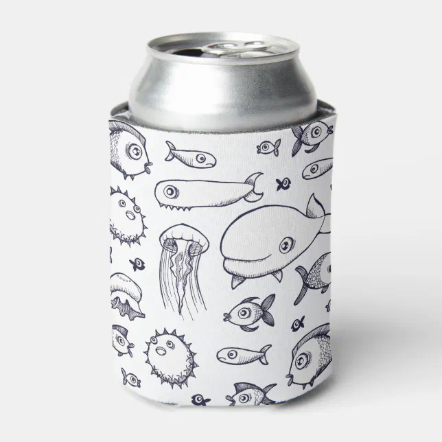 White and Navy Fish Drawing Stubby Holder Can Cooler | Zazzle