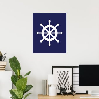 White and Navy Nautical Ship Wheel Poster | Zazzle