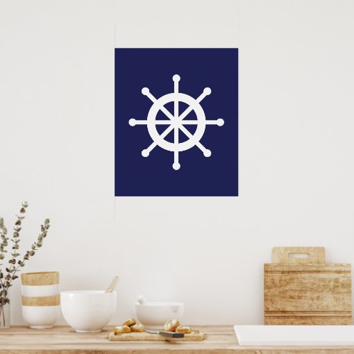White and Navy Nautical Ship Wheel Poster | Zazzle