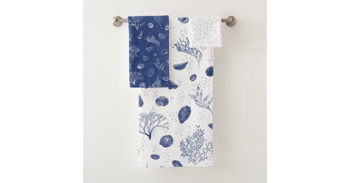 White and navy towel set - seashells and seaweed | Zazzle
