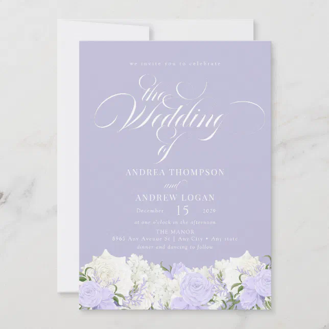 White and Periwinkle | Romantic Flower Wedding Invitation | Zazzle
