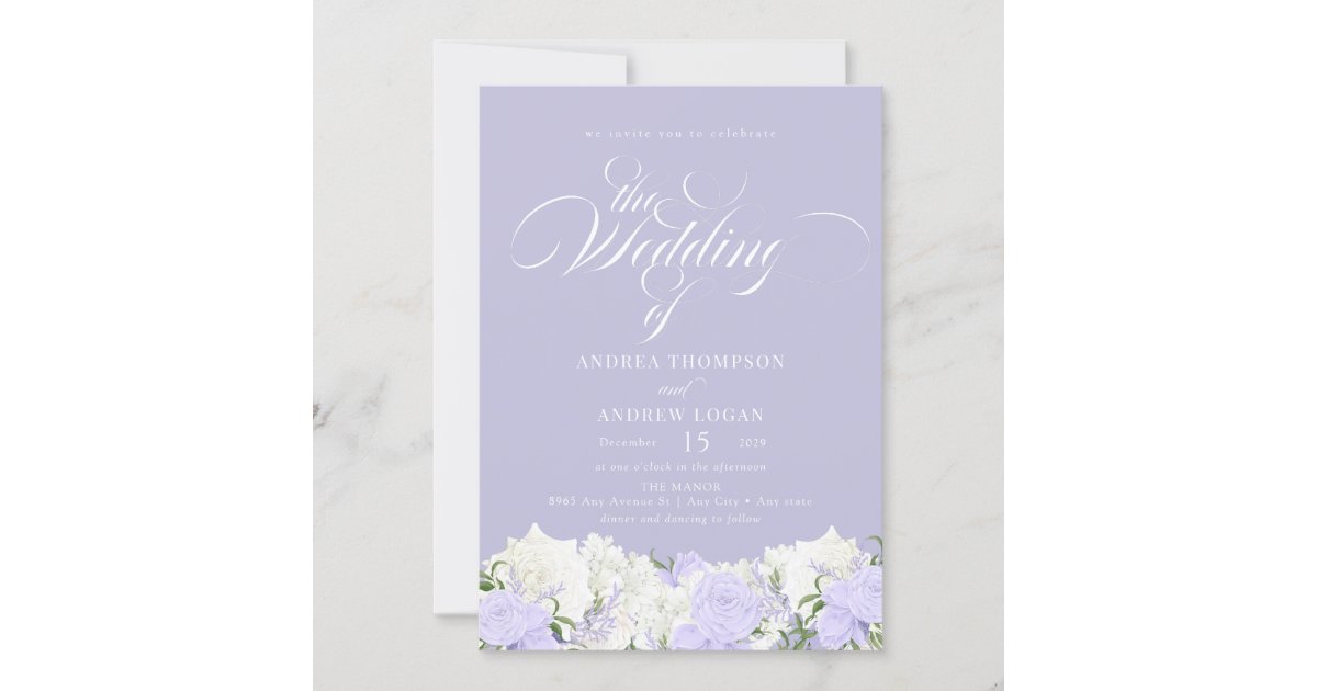 White and Periwinkle | Romantic Flower Wedding Invitation | Zazzle