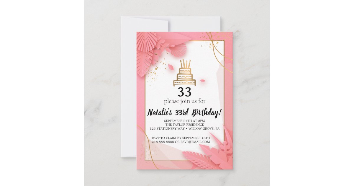 white and pink 33rd birthday invitation | Zazzle