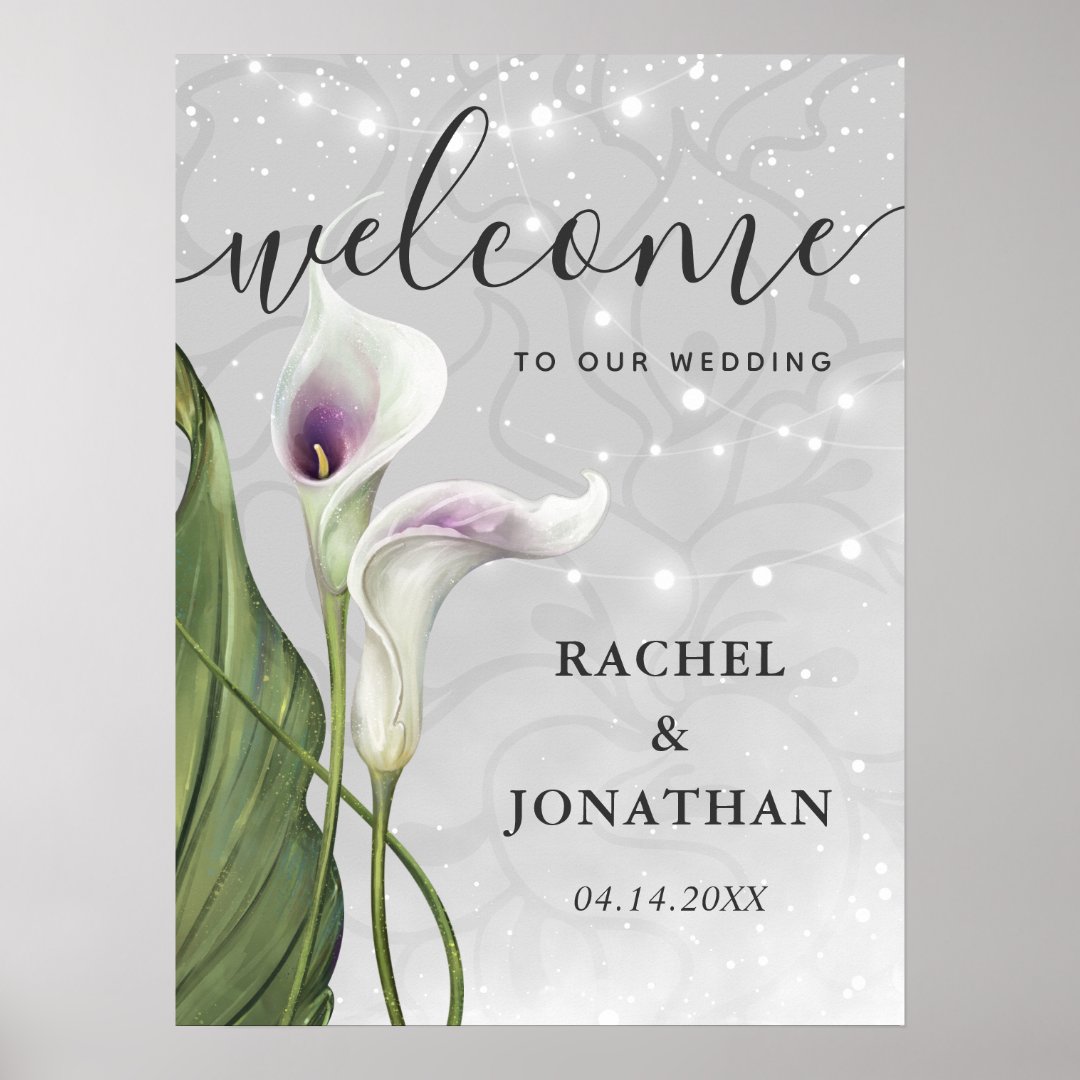 White and Purple Calla Lily Welcome Wedding Poster | Zazzle