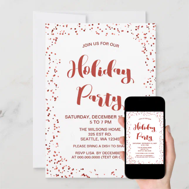 White and Red confetti Modern holiday Party Invitation | Zazzle