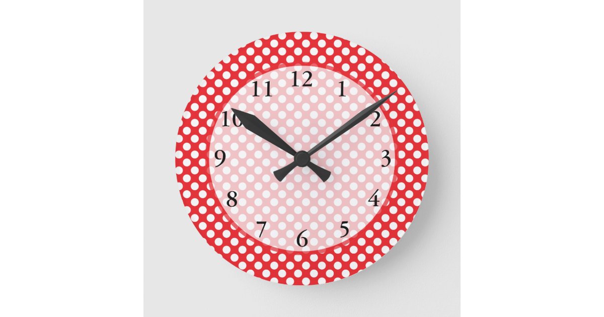 White and Red Polka Dot Round Clock | Zazzle
