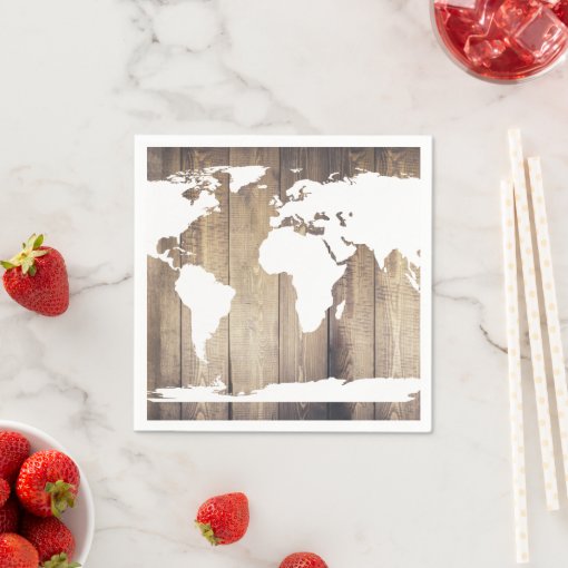 White and Rustic Wood World Map Napkins | Zazzle