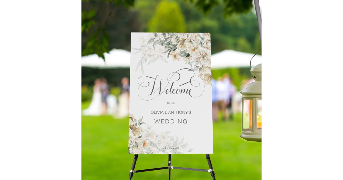 White and silver sage floral wedding welcome sign | Zazzle