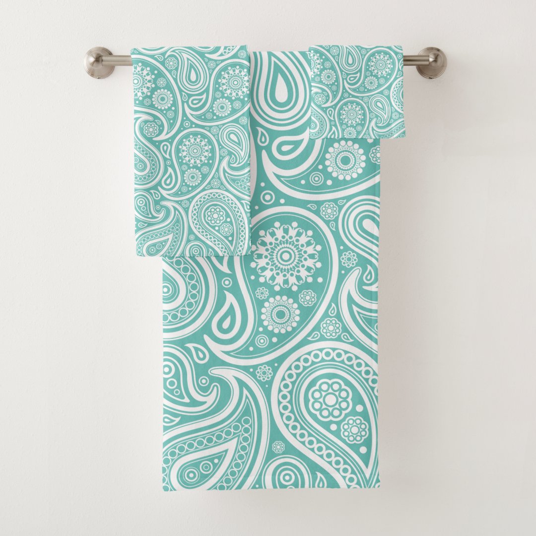 White and turquoise paisley pattern bath towel set | Zazzle