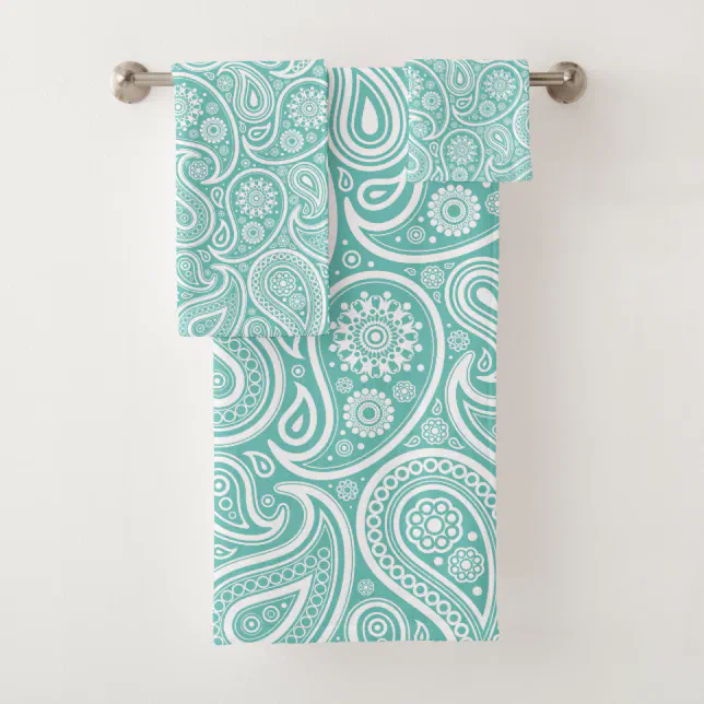 White and turquoise paisley pattern bath towel set | Zazzle