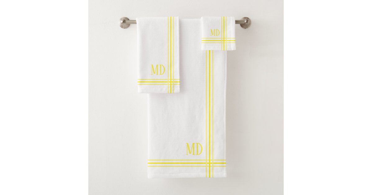 White and Yellow Striped Custom Initials Bath Towel Set | Zazzle