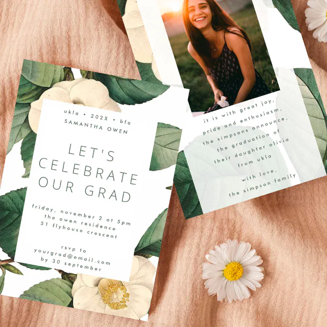 White Antique Flower Photo University Grad Invitation | Zazzle