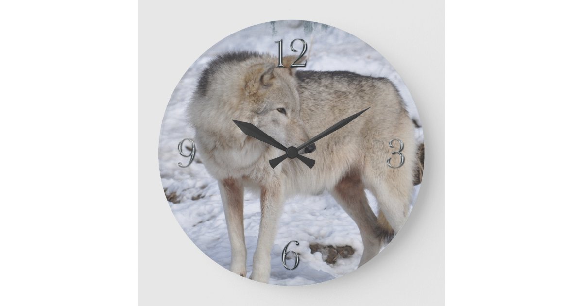 White Arctic Wolf and Snow Wildlife Art Clock | Zazzle