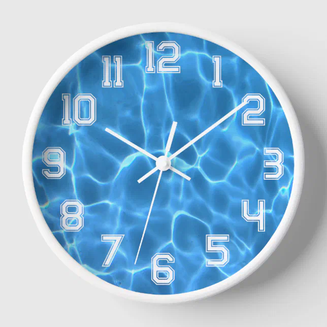 White Athletic Outline Numbers Blue Swimming Pool Clock | Zazzle