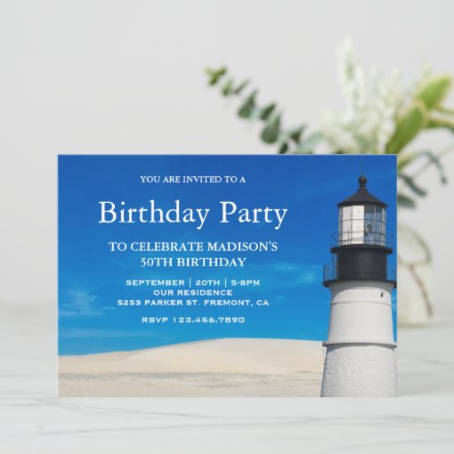 White Beach Sand Scenic Lighthouse Birthday Party Invitation | Zazzle
