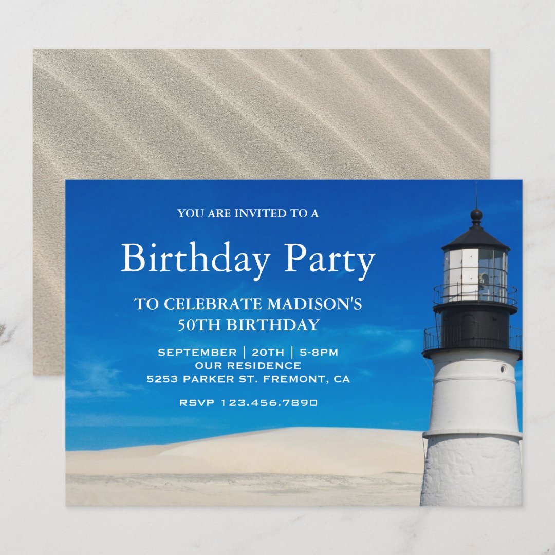 White Beach Sand Scenic Lighthouse Birthday Party Invitation | Zazzle