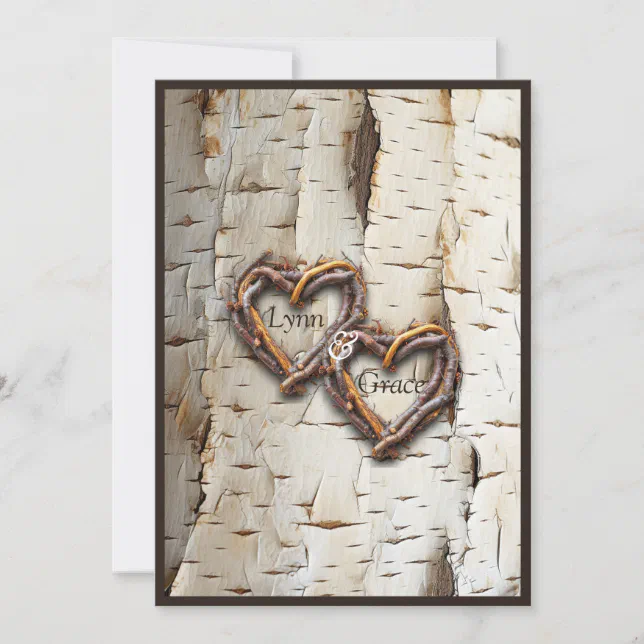 White Birch Tree Bark Rustic Stick Hearts Invitation | Zazzle