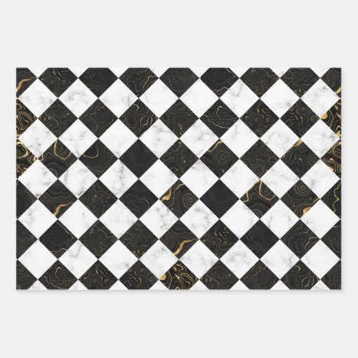 White Black and Gold Marble Checkerboard Wrapping Paper Sheets | Zazzle
