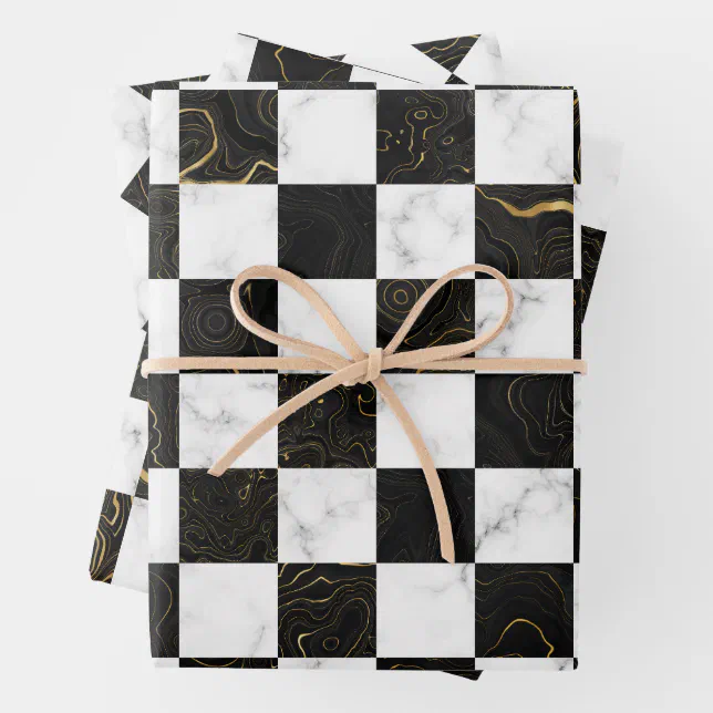 White Black and Gold Marble Checkerboard Wrapping Paper Sheets | Zazzle