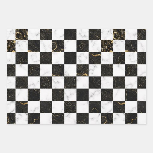 White Black and Gold Marble Checkerboard Wrapping Paper Sheets | Zazzle