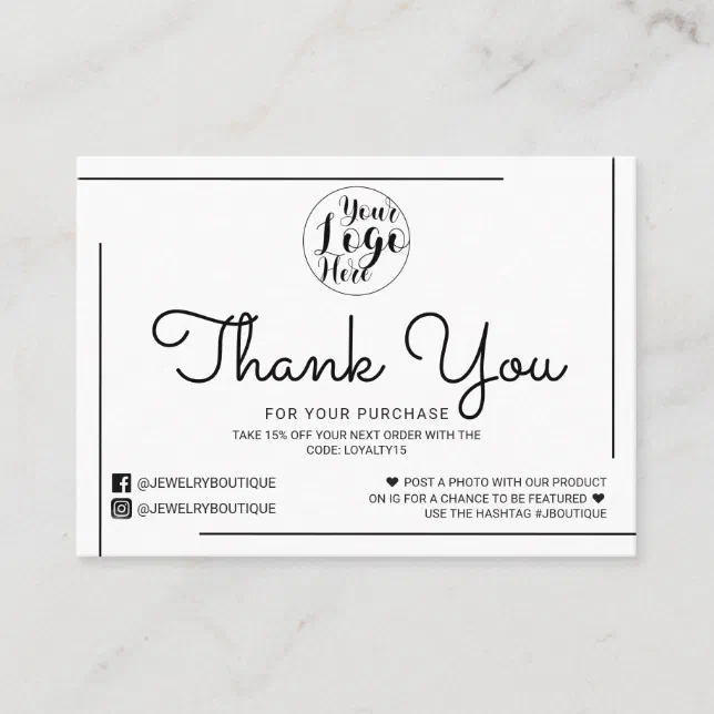 White Black Border Script Logo Customer Thank You Business Card | Zazzle