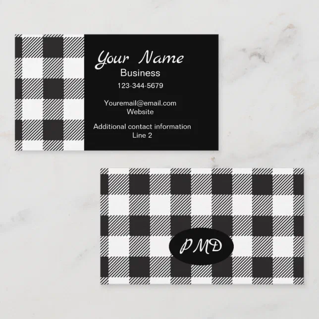 White Black Buffalo Plaid Check Monogram Business Card | Zazzle