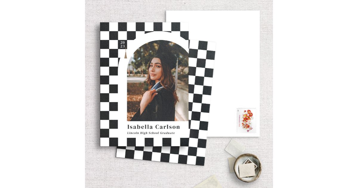 White & Black Checkered Arch Grad Annoucement Announcement | Zazzle