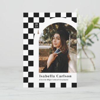 White & Black Checkered Arch Grad Annoucement Announcement | Zazzle