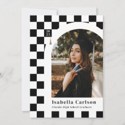 White & Black Checkered Arch Grad Annoucement Announcement | Zazzle
