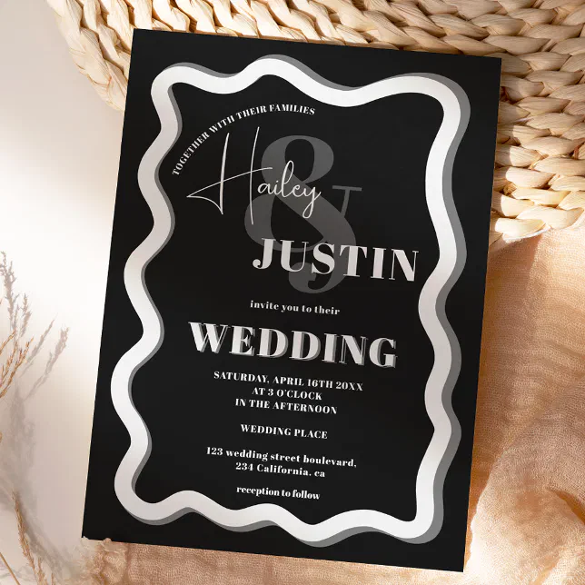 White black curve squiggle wavy wedding photo invitation | Zazzle