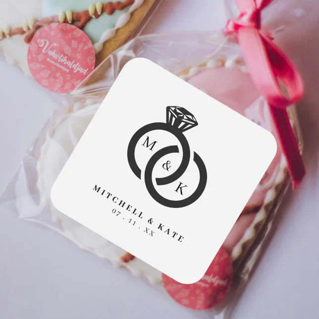 White & Black Diamond Ring Monogram Wedding Square Sticker | Zazzle