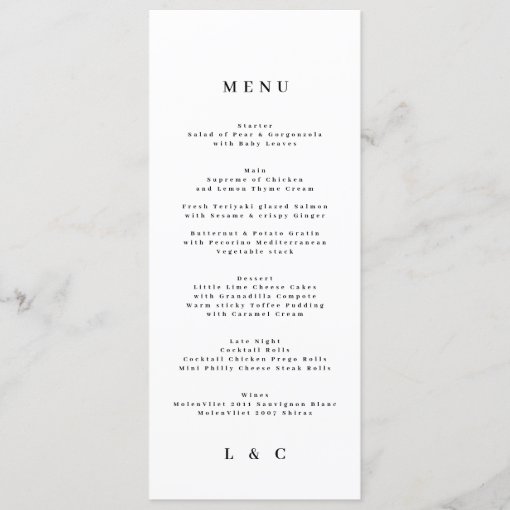 White Black Elegant Simple Monogram Wedding Menu | Zazzle