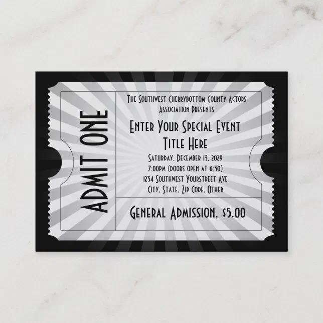 White + Black Event Ticket, Lg Business Card Size | Zazzle