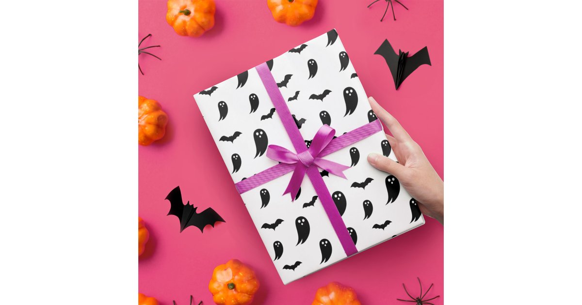 White & Black Fun Halloween Ghost & Bats Pattern Wrapping Paper | Zazzle