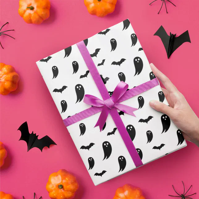 White & Black Fun Halloween Ghost & Bats Pattern Wrapping Paper | Zazzle