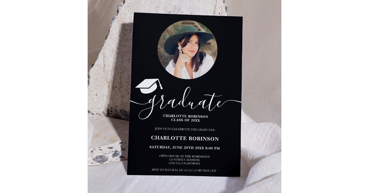 White black graduate script photo graduation invitation | Zazzle