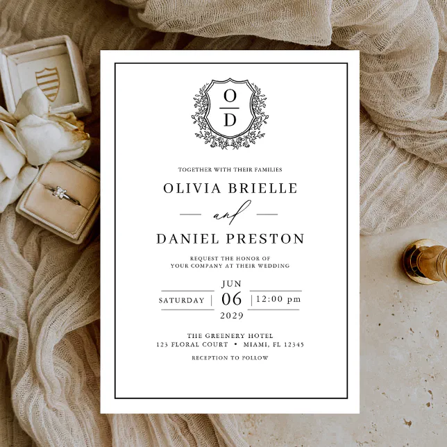 White Black Leafy Crest Monogram Elegant Wedding Invitation | Zazzle