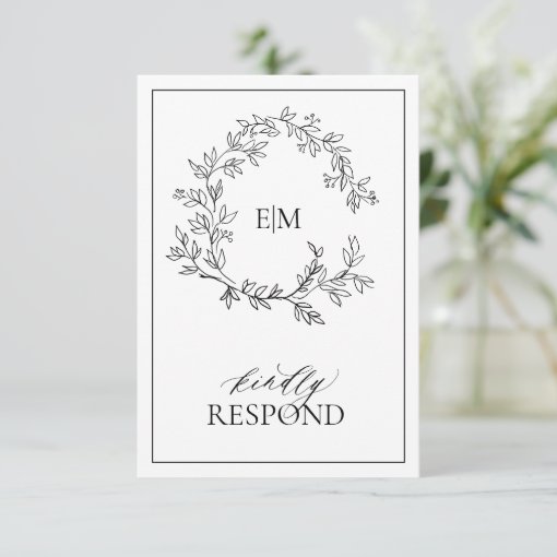 White Black Leafy Crest Monogram Wedding RSVP Card | Zazzle