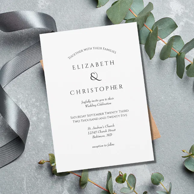 White Black Minimalist Modern Simple Wedding Invitation | Zazzle