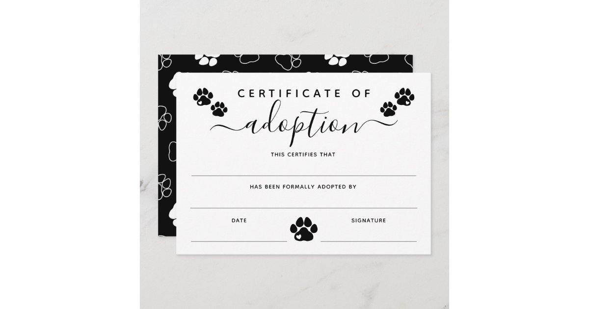 White Black Paw Prints Certificate of Adoption | Zazzle