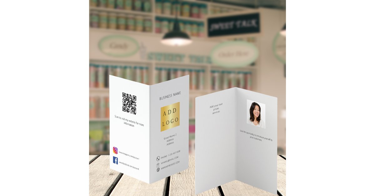 White black photo logo QR code business brochure | Zazzle