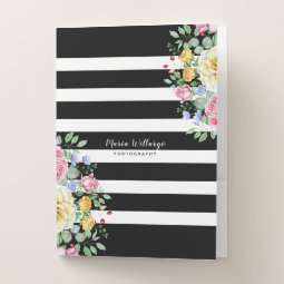White & Black Stripes Pattern Floral Bouquet Pocket Folder | Zazzle