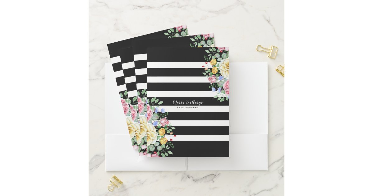 White & Black Stripes Pattern Floral Bouquet Pocket Folder | Zazzle