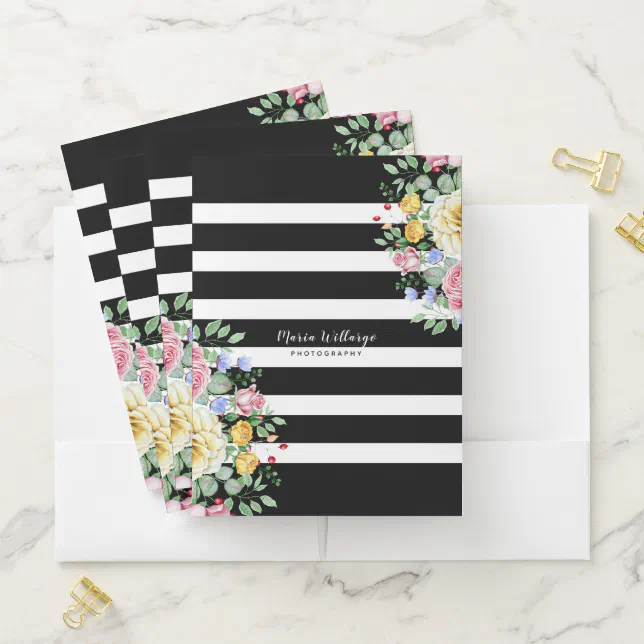 White & Black Stripes Pattern Floral Bouquet Pocket Folder | Zazzle