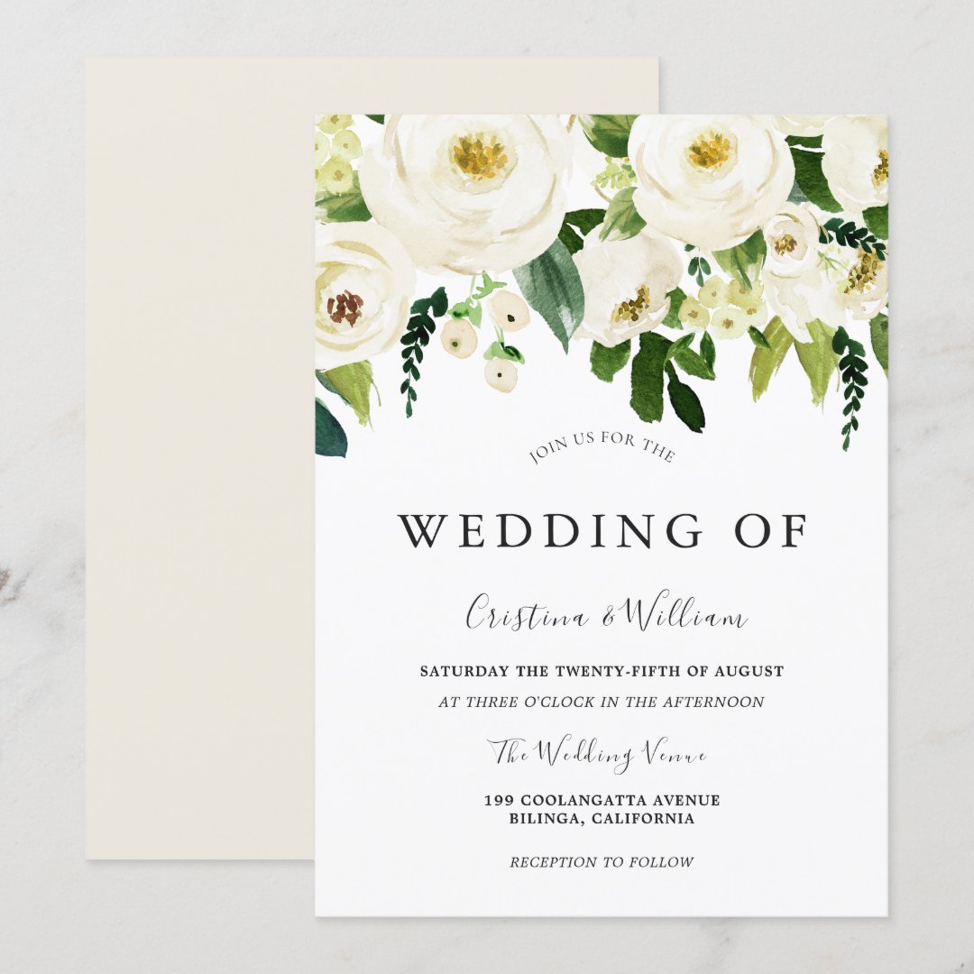 White Blooming Flowers Elegant Wedding Invitation | Zazzle