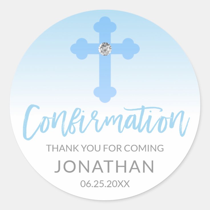White Blue Cross CONFIRMATION Boy Thank You Classic Round Sticker | Zazzle
