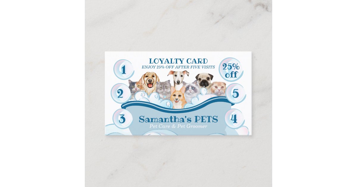 White Blue Dog Cat Groomer Pet Care Bath Loyalty Business Card | Zazzle