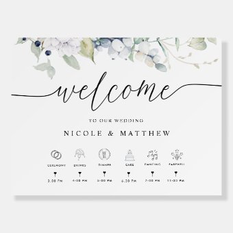 White Blue Floral Wedding Welcome, Timeline Sign | Zazzle