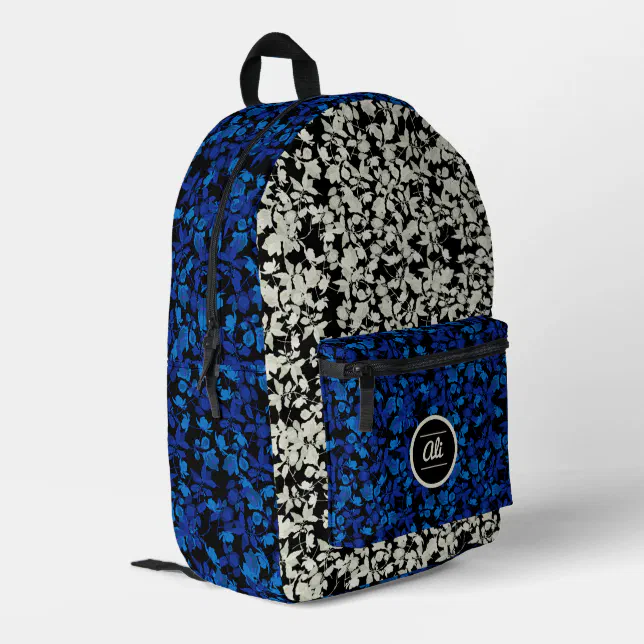 White & blue flowers black background printed backpack | Zazzle